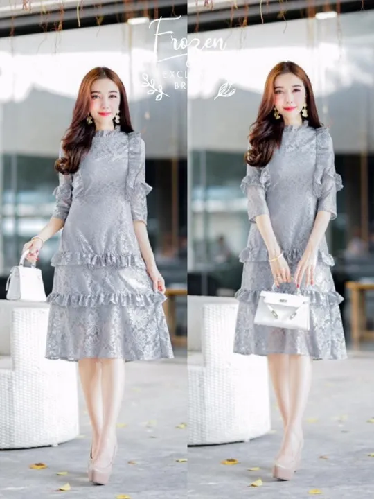 Aya-shop เสื้อผ้าแฟชั่น เดรสลูกไม้ออกงาน สีเทา พร้อมส่ง | Lazada.co.th