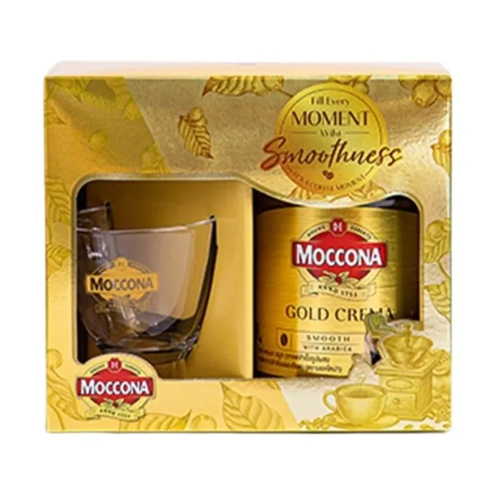 Moccona Gold Crema Coffee (Giftset) มอคโคน่า โกลด์ เครม่า กาแฟสำเร็จรูป ขวด สีทอง +แก้ว 200g ...