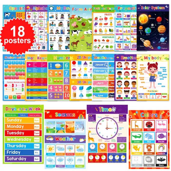 A3 Set English Learning Poster Colors Months Numbers Animals Alphabet ...
