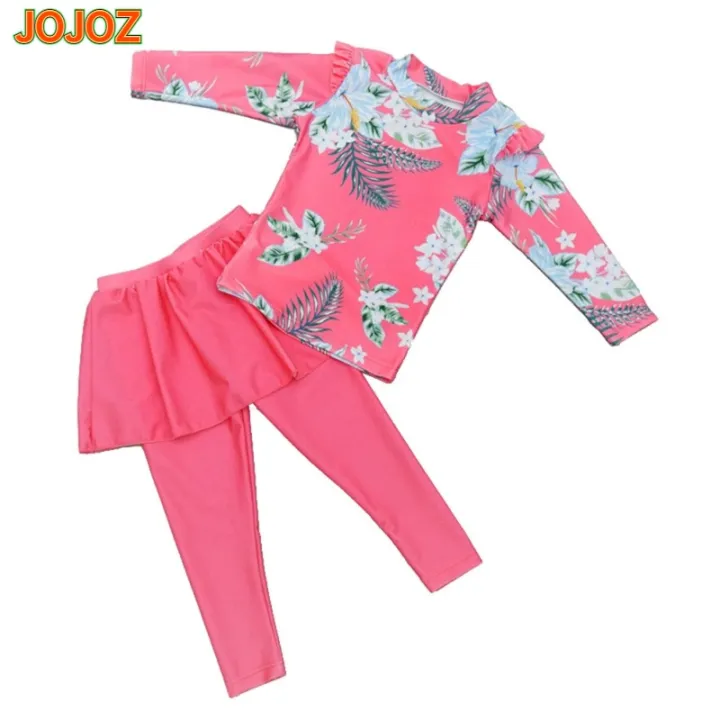 【Ready Stock】JOJOZ Girls Swimwear Floral Long Sleeve Bathing Suit Split ...