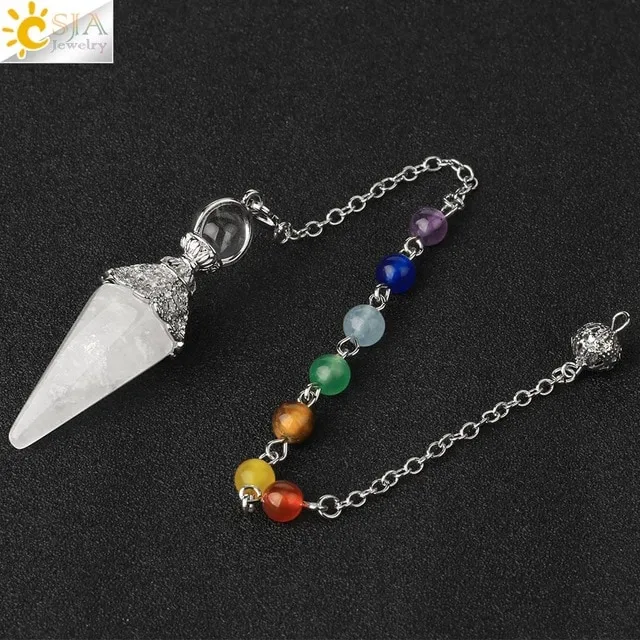 CSJA ลูกตุ้มหินธรรมชาติสำหรับ Dowsing Divination 7 Chakra Chain คอลัมน์หกเหลี่ยม Silver-Color ...