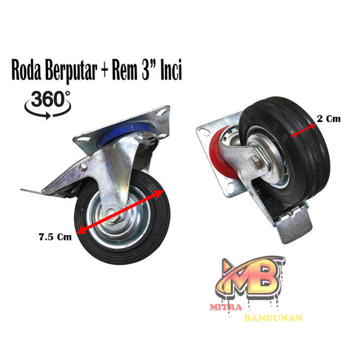 MB - Roda Etalase 3 inch / Roda Trolley / Roda Karet Hitam Hidup + Rem ...