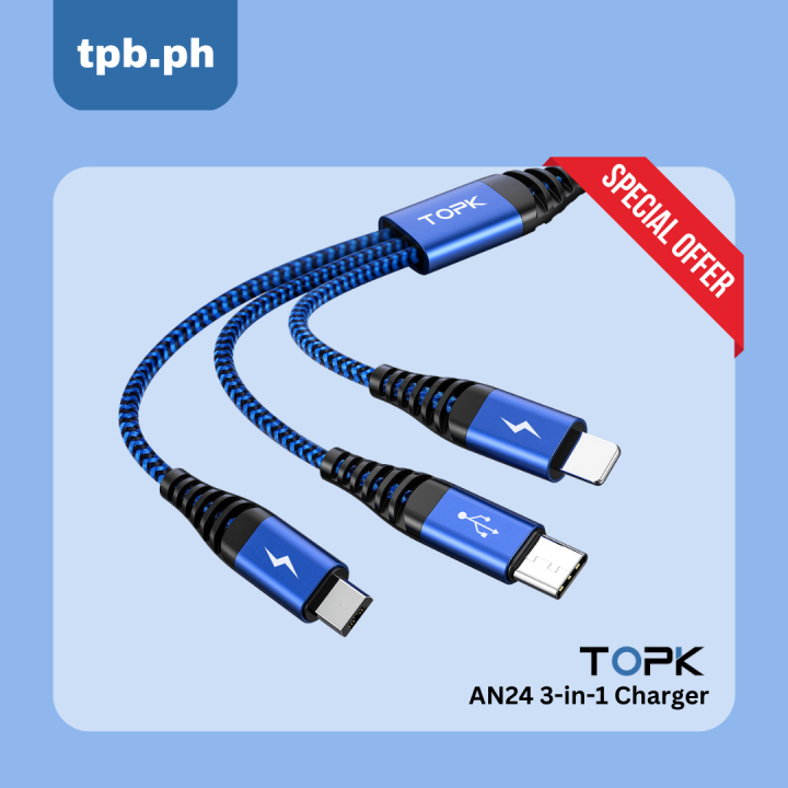 TOPK AN24 Fast Charging QC3.0 3in1 Cable Charger for Micro USB, Type C ...