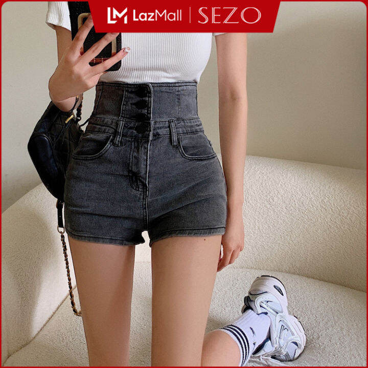 SEZO กางเกงยีนส์ขาสั้นเอวสูงสำหรับผู้หญิง,สไตล์เกาหลี | Lazada.co.th