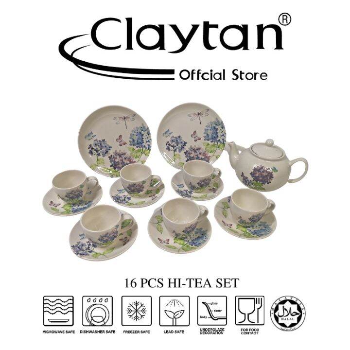 CLAYTAN 16 PCS HI- TEA SET (6 Pax) Lead Safe Ceramic Tableware Pinggan Mangkuk Cup Teapot - New ...
