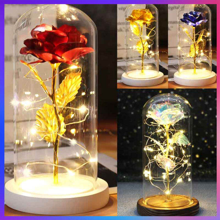 Eternal Rose with Led Light in Glass Dome On Wooden,apply to gifts for ...