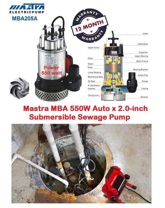 Mastra MBA 550W / 0.75Hp x 2-inch Auto Submersible Sewage Pump | Lazada