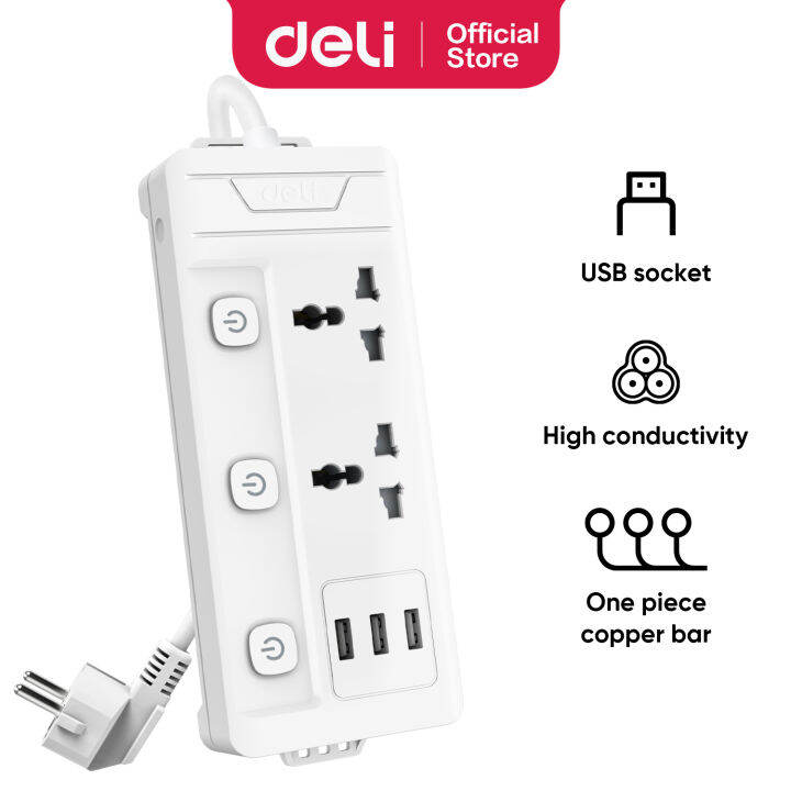 Deli 2 Meters Universal Outlet Extension Cord with USB Port With Independent Switch Extension ...