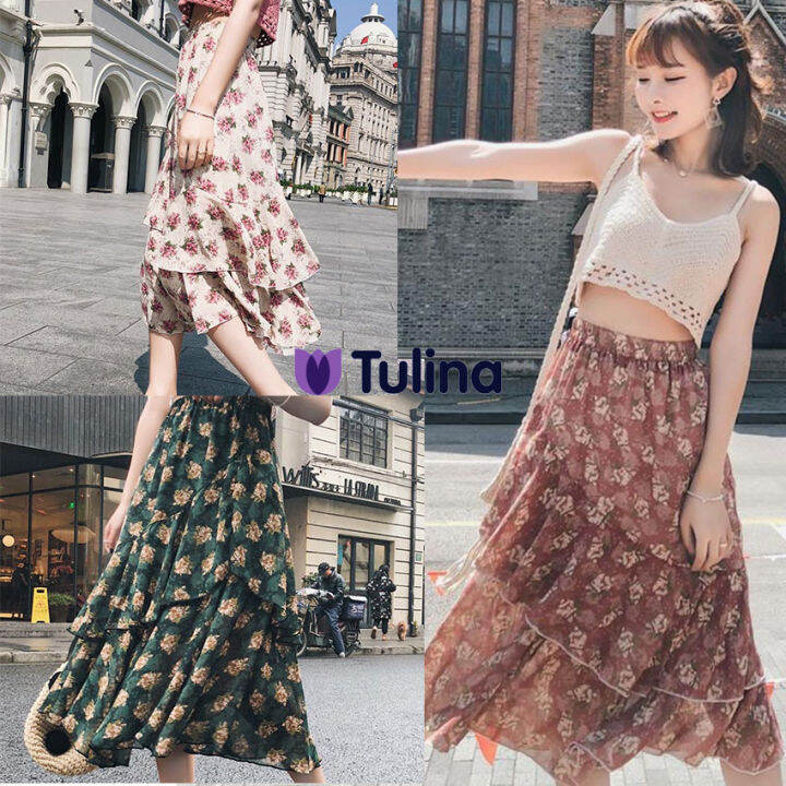 🌸Tulina🌸 กระโปรงลายดอกไม้ กระโปรงชีฟองเอวยางยืด กระโปรงผู้หญิงสายหวาน ...
