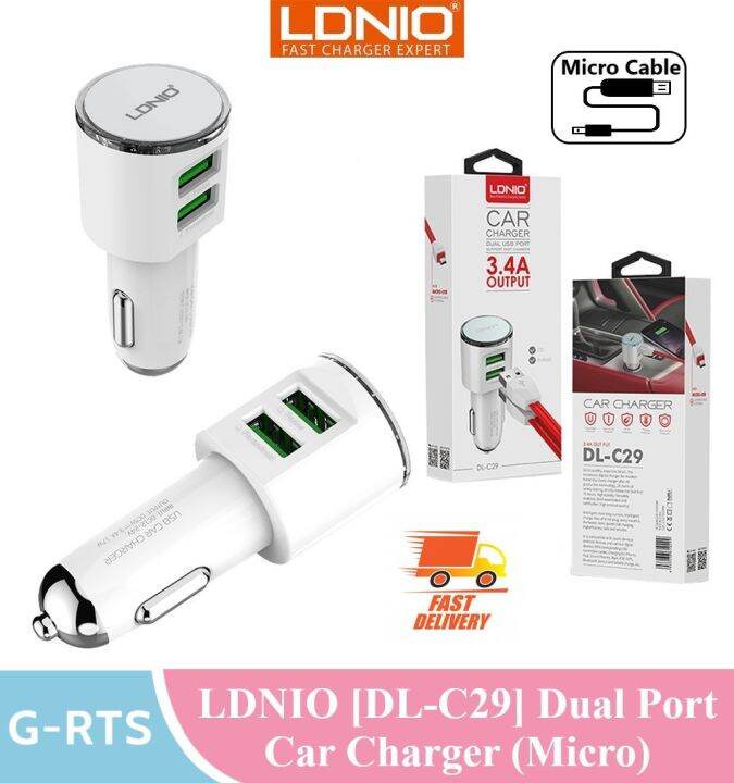 LDNIO [DL-C29] 2 Port Fast Charging Car Charger (with Micro/Lightning ...