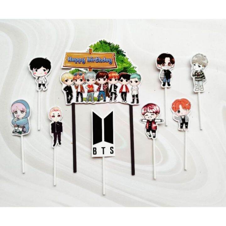 hiasan kue ulang tahun nasi tumpeng cake topper karakter bts animasi ...