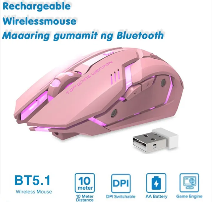 Wireless Gaming Mouse Rechargeable Pink USB Optical Computer Mouse ...