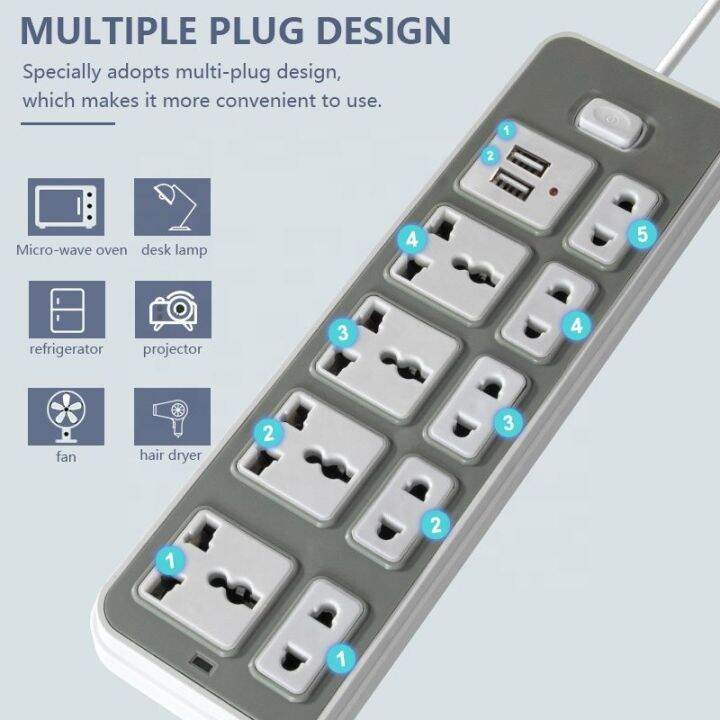 Original Heavy Duty Extension Cord with Multiple Universal Socket and 2 USB Port Outlets Charger ...