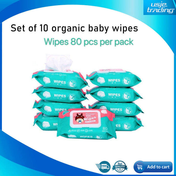 Set of 10 Organic Baby Wipes 80Pcs Per Pack 99% Water Hypoallergenic ...