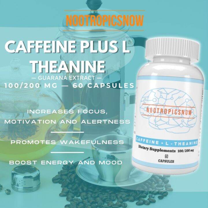 Nootropicsnowph Store Caffeine 100 mg plus L theanine 200 mg (Guarana Extract) (60 capsules, 30 ...