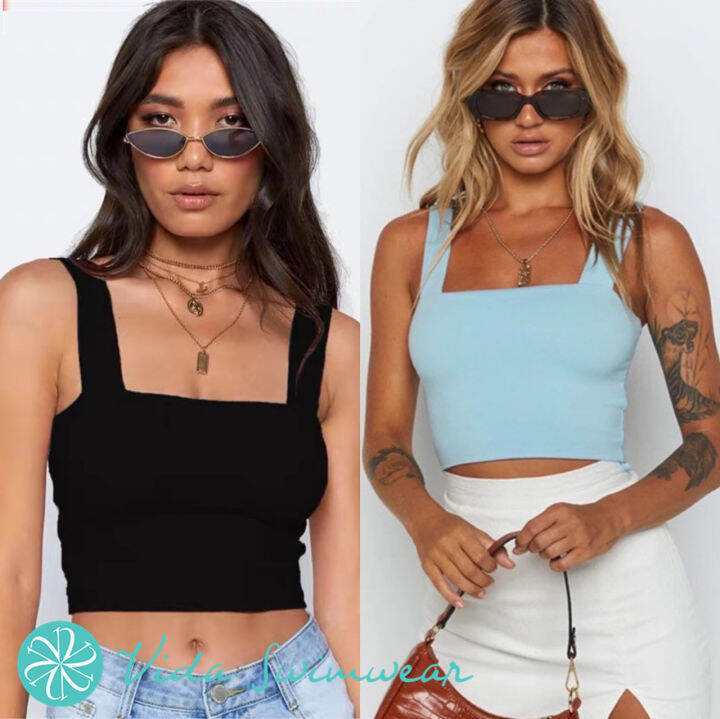 Square Neck Sleeveless Top Solid Navel Shoulder Strap Square Tops ...