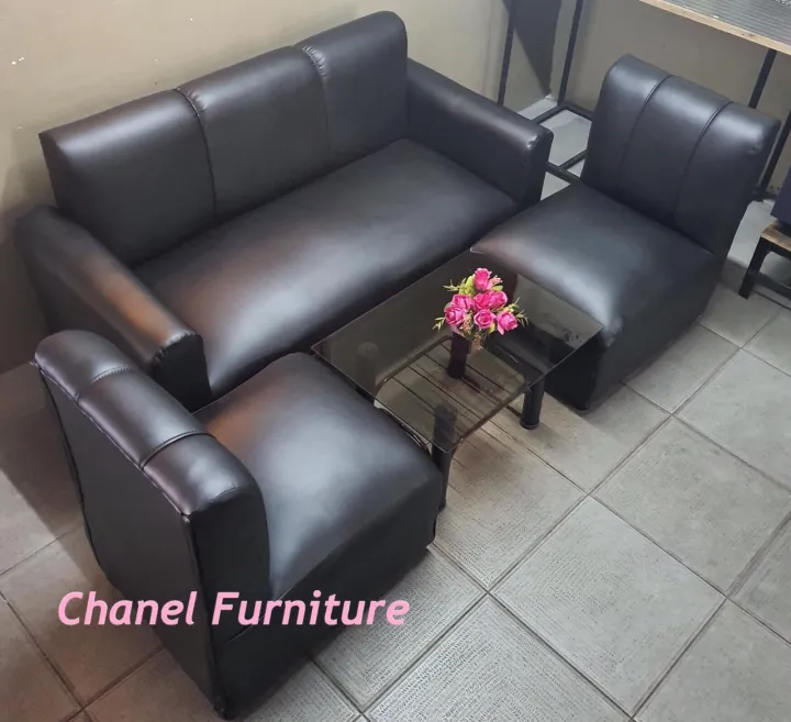 SALA SET LEATHER BLACK WITH GLASS CENTER TABLE | Lazada PH