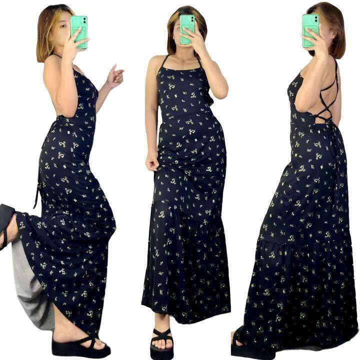 H&H #7142 Macy Alex Floral Plain Maxi Backless Dress Spaghetti Strap ...