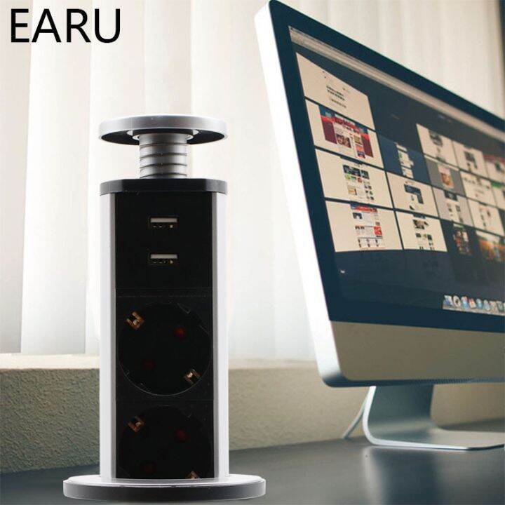 220V 16A PULL POP UP Electrical 3 Plug Socket 2 USB Kitchen Table Plug ...