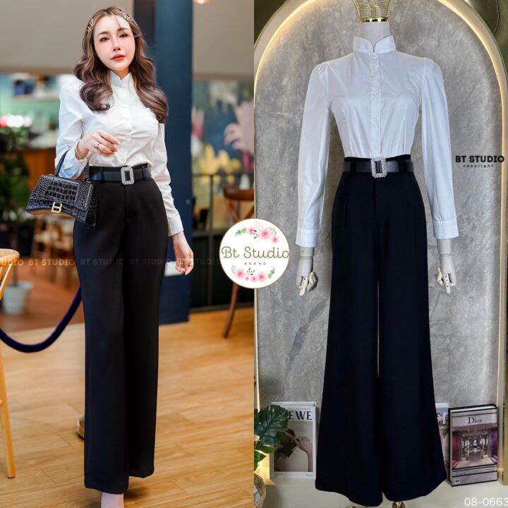 งานป้าย BT-Studio set 3ชิ้นเสื้อเชิ้ตแขนยาวคอจีนกระดุมหน้า แมทซ์กับกางเกงขายาวเอวสูงมาพร้อมเข็ม ...