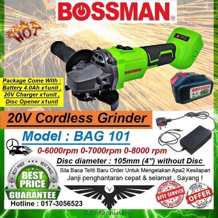 BOSSMAN BAG-101 20V 4" Cordless Angle Grinder c/w 4.0ah Lithium-ion ...