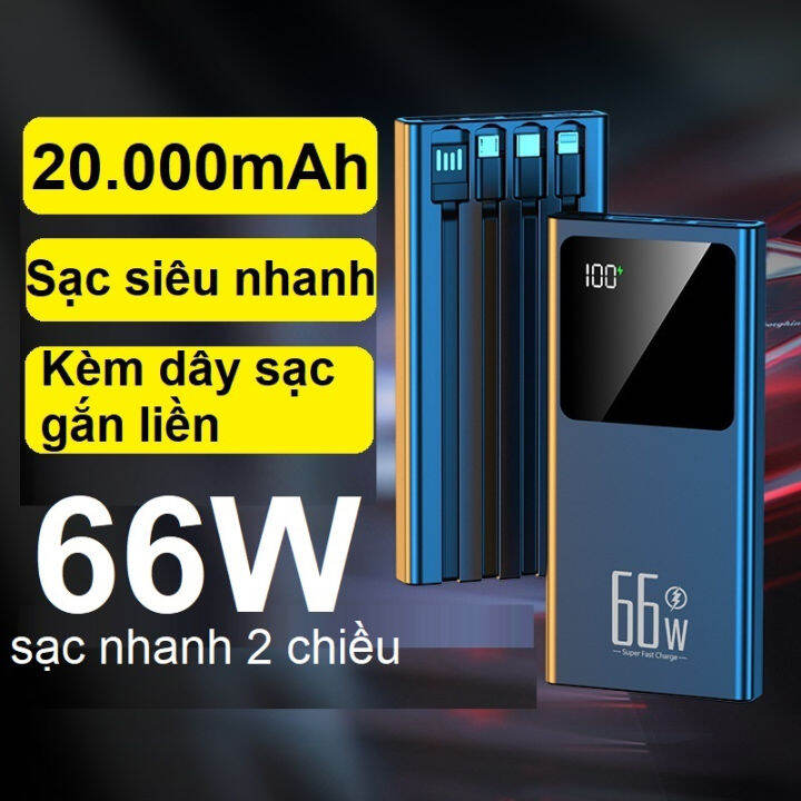 Sạc dự phòng siêu nhanh 66W 20000mAh, kèm dây sạc gắn liền đa năng, hỗ trợ sạc nhanh mọi thiết ...