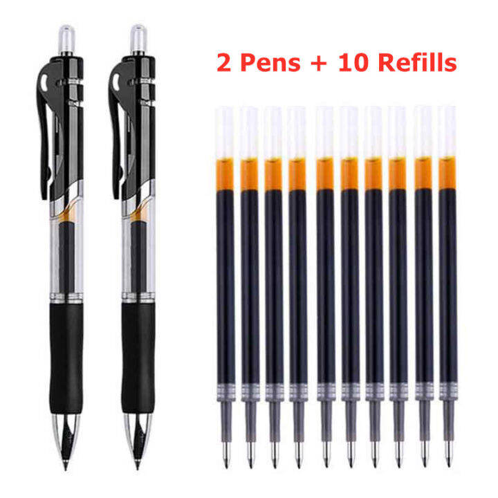 2 Pen+10 Refills Gel Pens Set 0.5mm Ballpoint Large Capacity ...