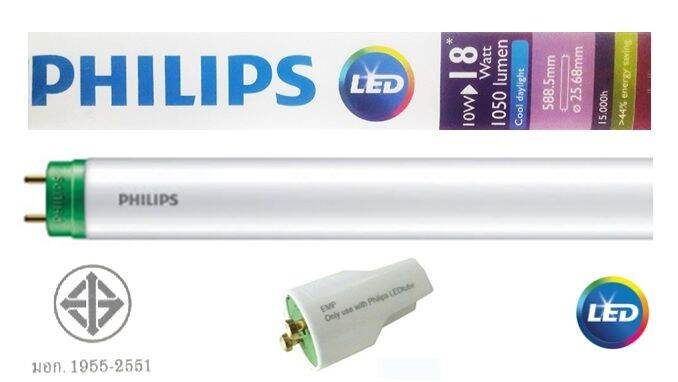 หลอดไฟLED Philips Ecofit (แพ็ค 10ดวง) หลอดนีออน T8 ขั้วเขียว / 10W / ความยาว63เซน แสงขาว รุ่นแสง ...