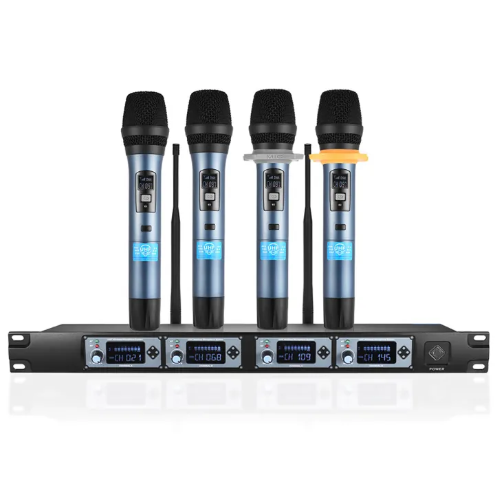 4D Professional 4 Channel UHF Wireless Handheld Microphone System 4 Microphones 1 Wireless ...