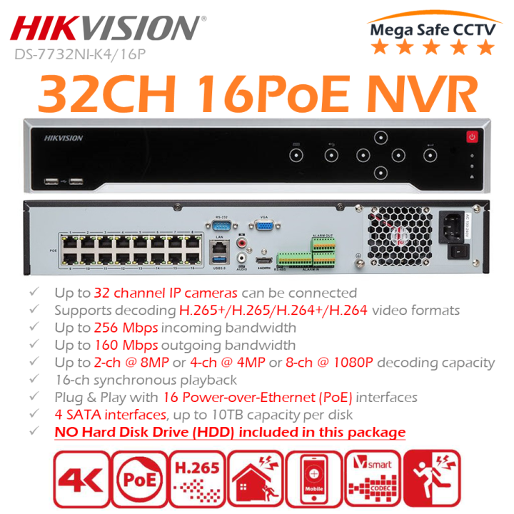 HIKVISION DS-7732NI-K4/16P 32CH 1.5U 16 PoE NVR, 4SATA interface (up to ...
