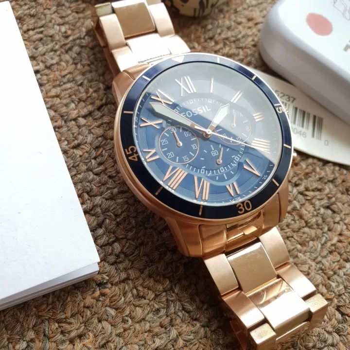 Fossil FS5237 Chronograph Grant Blue Dial Rose Gold Stainless 44mm ...