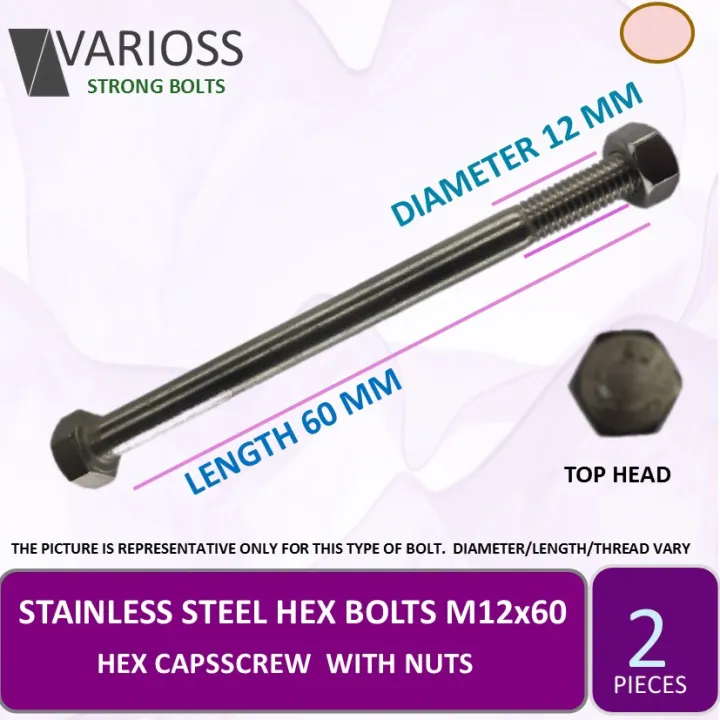 SS Hex Bolts M12X60 mm - 2 pcs, 12 mm diameter x 60 mm length ...