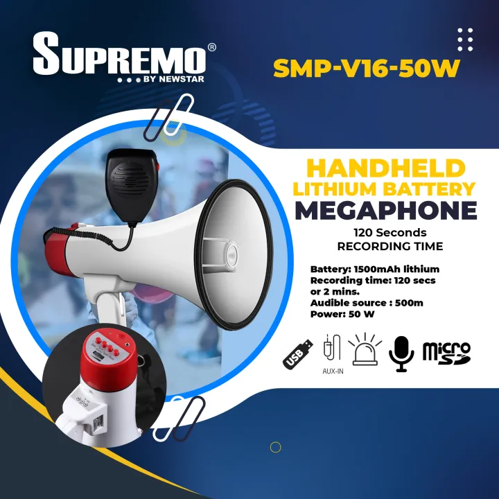Supremo Handheld Megaphone with Microphone 50Watts SMP-V16-50W/R with ...