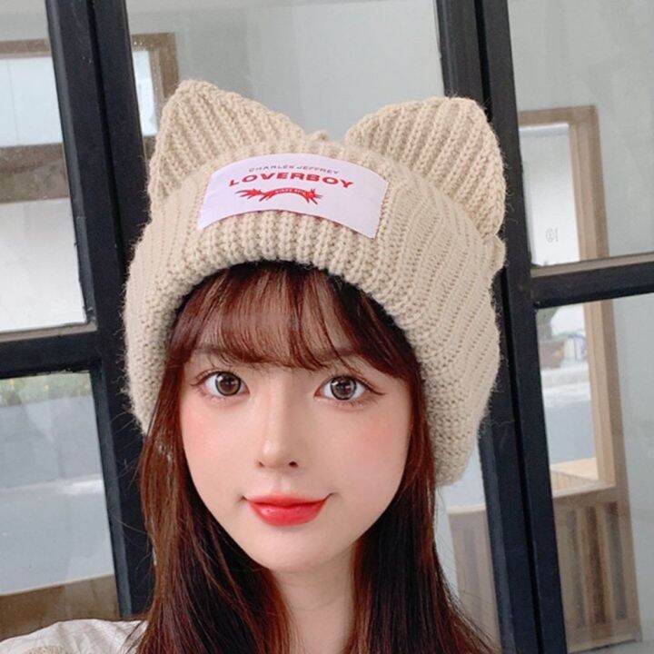 DGJKF หมวกไหมพรม อบอุ่น สติกเกอร์ เย็นหลักฐาน สไตล์ INS หูแมว ลูกหมู ...