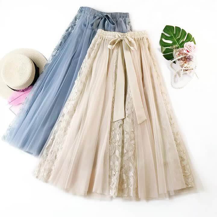 (ร้อน) แฟชั่นตู T Ulle กระโปรงผู้หญิงยาว Maxi กระโปรงเกาหลีน่ารักโบว์ ...