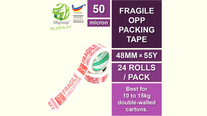 SB65 - 50μ x 48mm x 50m [24 ROLLS] Heavy Duty Red & White Fragile Printed OPP Packing Tape for ...