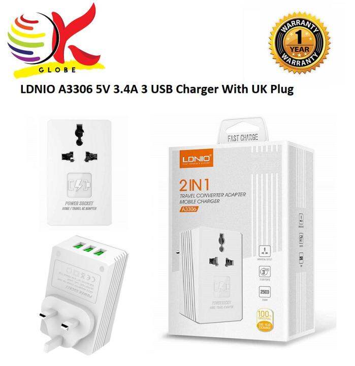 [ORIGINAL] GENUINE LDNIO A3306 2IN1 TRAVEL CONVERTER ADAPTER FAST CHARGING 3 USB CHARGER PORTS ...