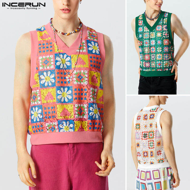 Beehoo INCERUN เสื้อกล้ามคอวีถักลูกไม้เสื้อสวมหัวแขนกุดวินเทจของผู้ชาย ...