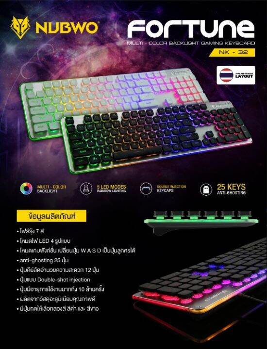 Nubwo Gaming Keyboard Fortune NK-32 คีย์บอร์ดเกมมิ่ง ไฟรุ้ง7สี ประกันศูนย์ 1 ปี | Lazada.co.th