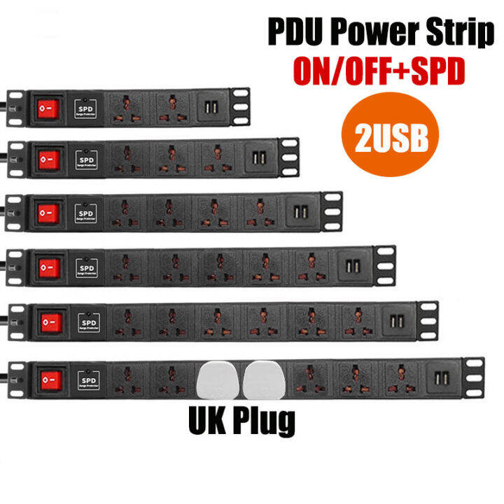 1U PDU Power Strip 2USB 2-8 Socket Surge Protector+Switch Extension ...