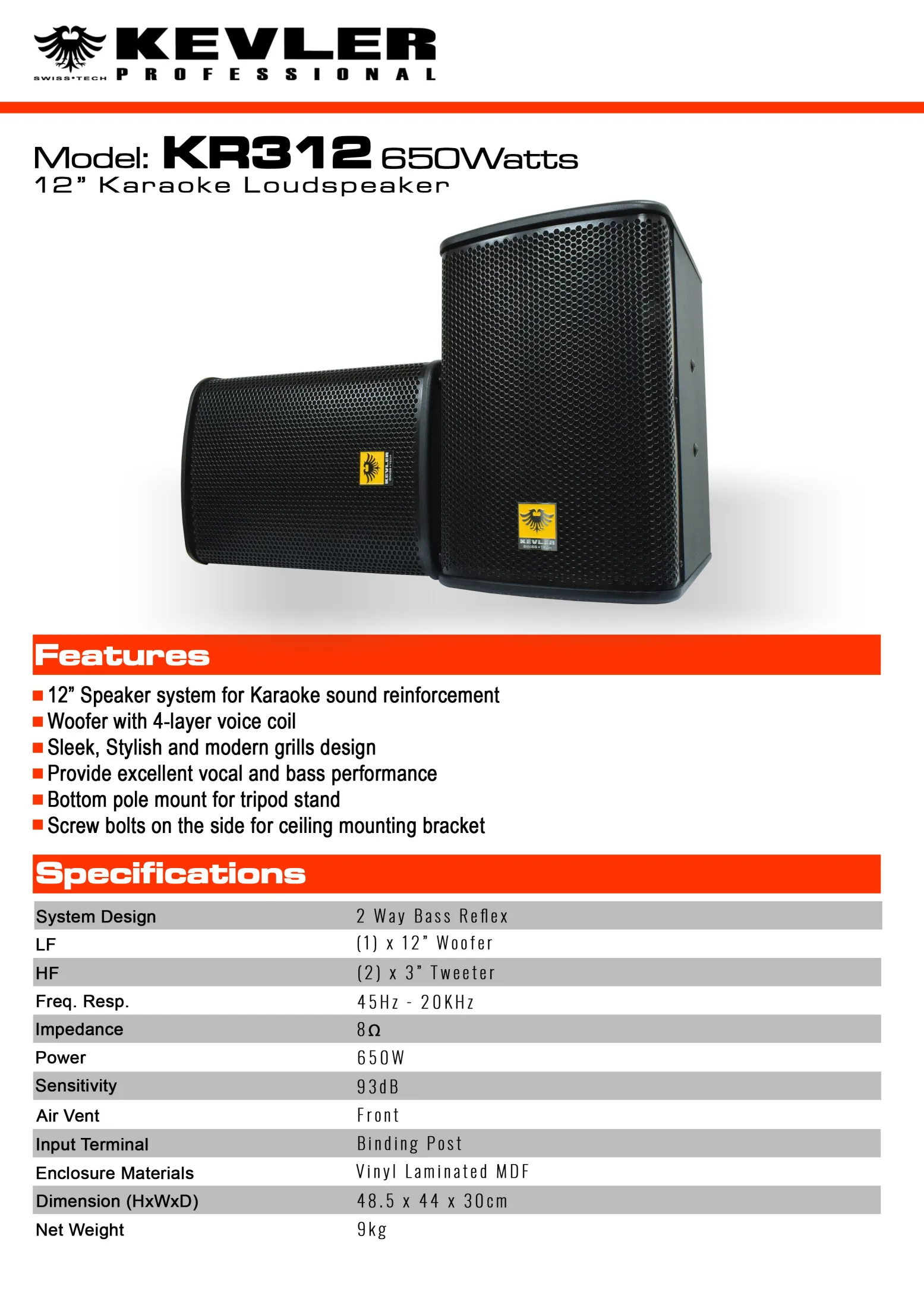 KEVLER KR-312 12" 650W 2-Way Bass Reflex Passive Karaoke Loudspeakers ...