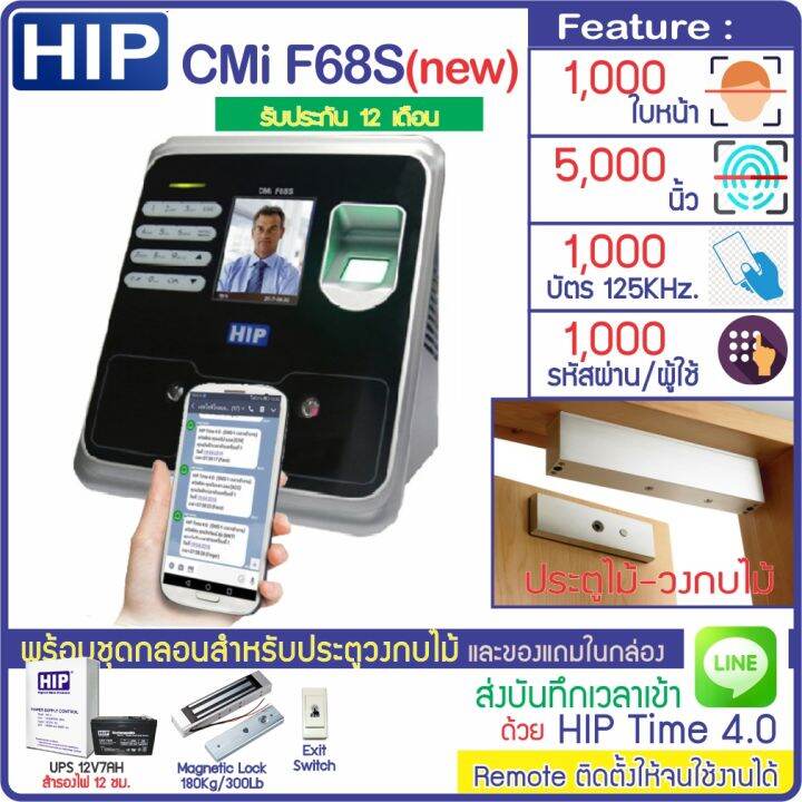 HIP CMiF68S เครื่องสแกนใบหน้าสแกนลายนิ้วมือทาบบัตรเปิดประตู เก็บบันทึกเวลา ส่งเข้า Line พร้อมชุด ...