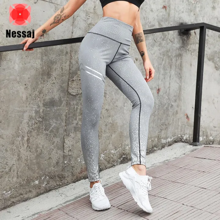 Nessaj กางเกงกีฬาโยคะสำหรับผู้หญิง,กางเกงเลกกิ้งผ้ายืดสองเส้นพิมพ์ลายวิ่งเอวสูงเลกกิ้งใส่ ...
