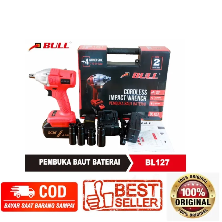 BULL Mesin Cordless Impact Wrench 20V Set - Pembuka Baut Roda Mobil 20V ...