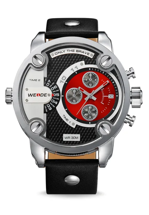 WEIDE Watch for Men's WH3301-3C-RED DIAL Black Leather Band 30m Analog ...