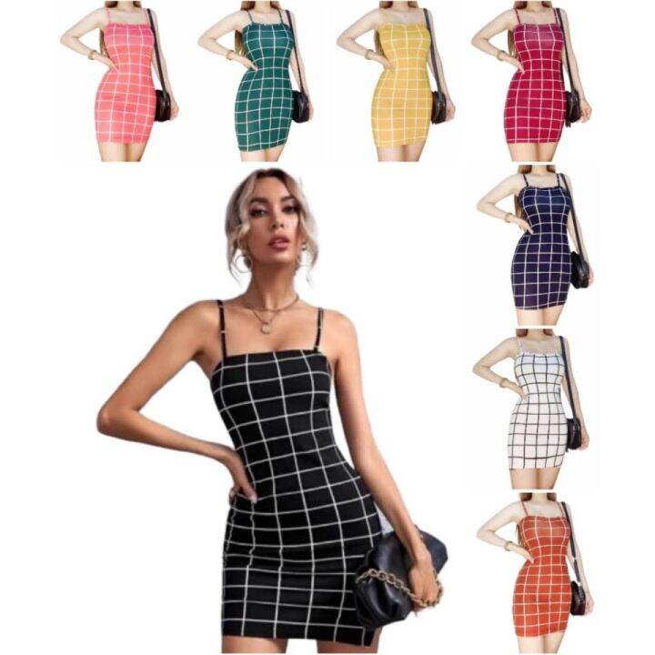 Fashion Trendy Grid Dress Korean Sando Sleeveless Mini Dresses Bodycon ...