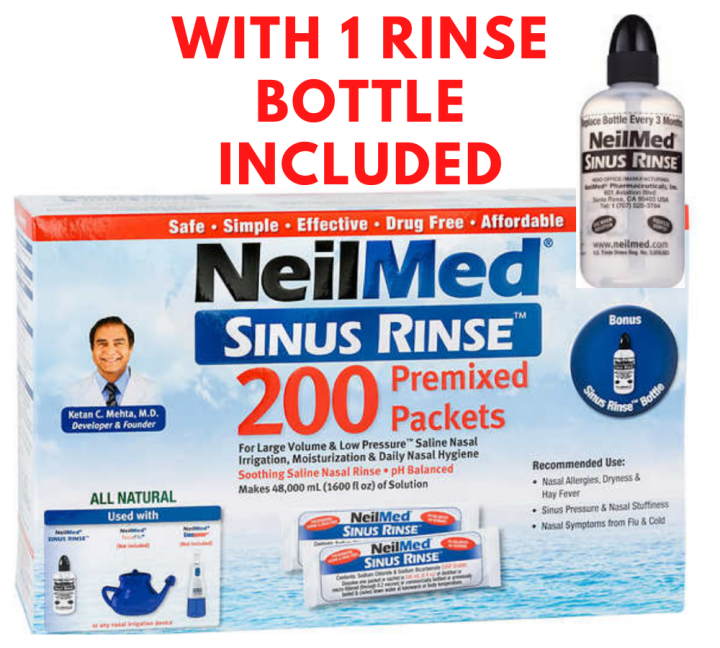 NeilMed Sinus Rinse Kit 200 Premixed Packets with 1 Rinse bottle or ...