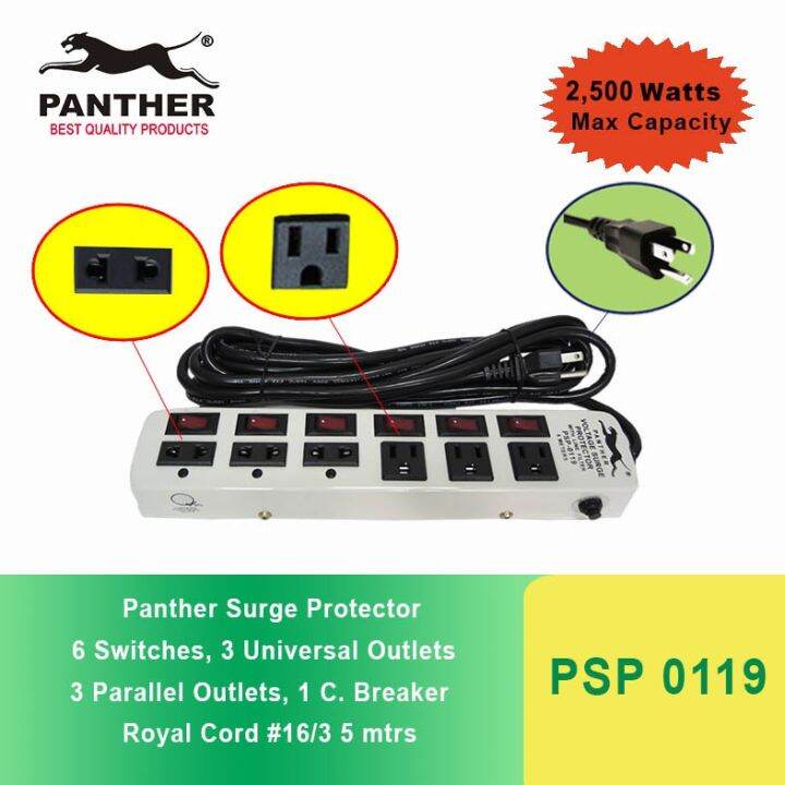 Panther PSP 0119 Extension Cord w/ Voltage Surge Protector 6 Outlets w ...