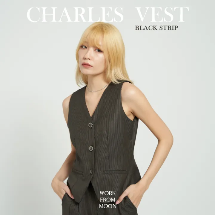 เสื้อสูทแขนสั้นสี Black Strip l Charles Vest in black strip color ...