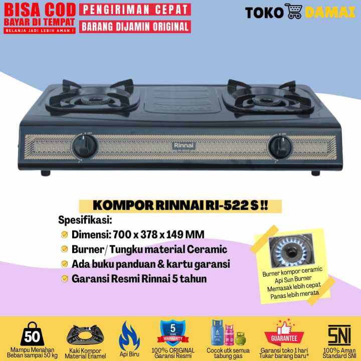 Kompor Gas Rinnai 2 Tungku RI 522 S / Kompor Rinnai RI-522S / Kompor ...